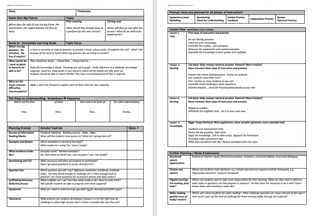 The @teacherhead planning tool. Draft – teacherhead